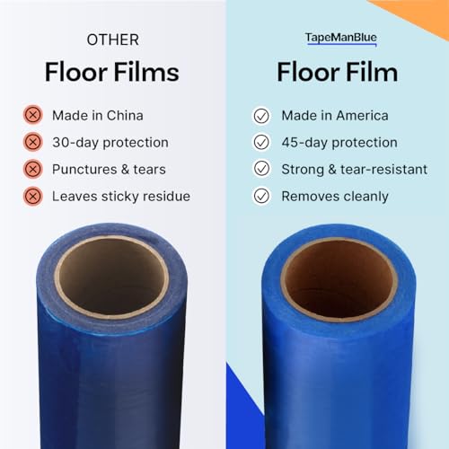 Floor Protection Film, 24 inch x 200' roll, Made in USA, Blue Self Adhesive Floor Protector for Moving and Construction, Temporary Floor Covering for Protection of Hardwood Floors, Tile, Hard Surfaces
