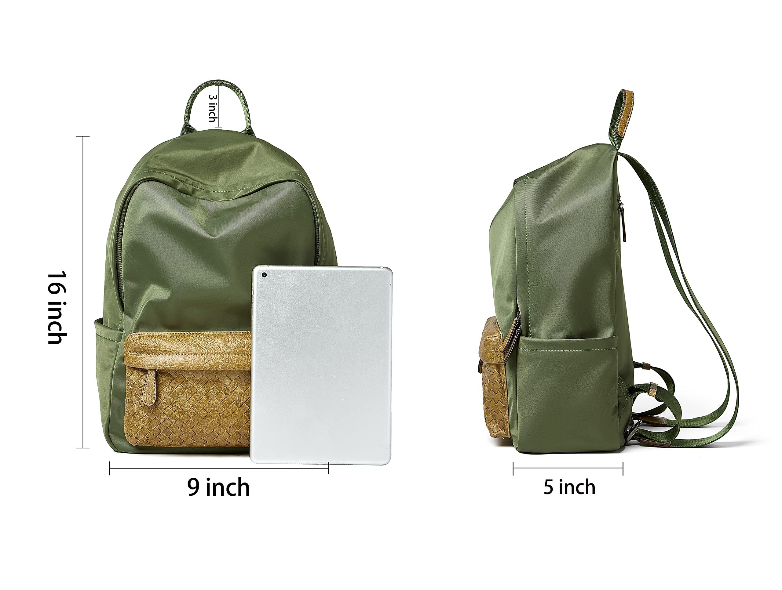 Daiblueland Casual Daypack Backpack For Women Unisex Large Lightweight Travel Rucksack With Leather Pockets(Army Green) (BACK-001)