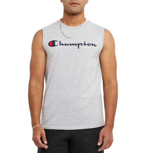 Champion T-Shirt, Sleeveless, Tank, Classic Muscle Tee Top for Men (Reg Tall), Oxford Gray Script, 4X-Large Big