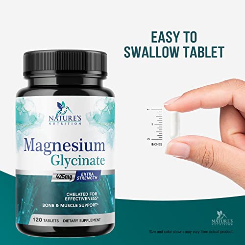 Magnesium Glycinate 425 mg with Calcium - Max Absorption Magnesium Tablets for Muscle, Nerve, Bone & Heart Health Support - Vegan, Non-GMO, Gluten Free Nature's Nutrition Supplement - 120 Tablets