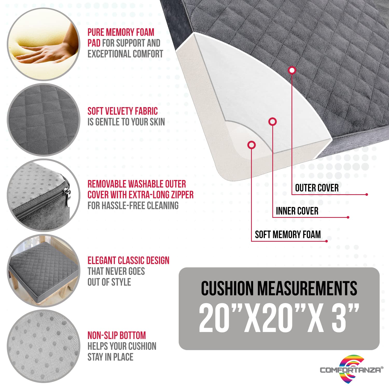 COMFORTANZA Large 20x20x3 Inches Memory Foam Square Thick Non-Slip Chair Seat Cushion for Recliners, Armchairs, Couches - Floor Cushion - Sciatica, Tailbone Pain & Pressure Relief - Soft - Brown