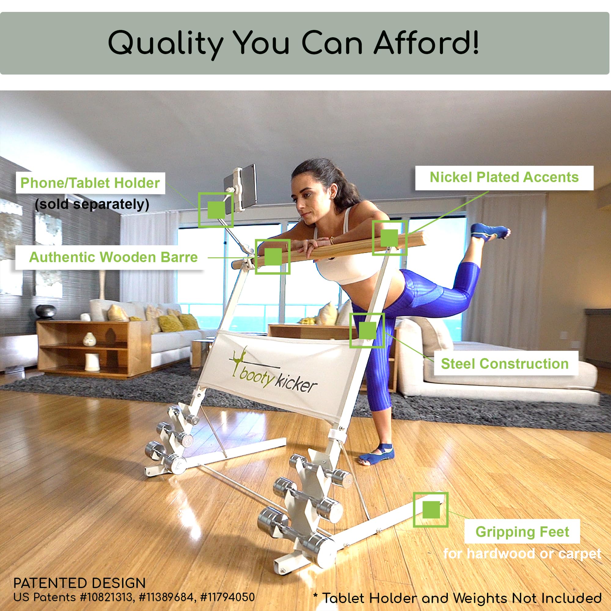 Booty Kicker β Home Fitness Exercise Barre, Folds Flat, Portable, Storable, Strong Angular Design for Pushing, Pulling, Balance & Ballet Exercises, Wood, Steel, Nickle, Perfect for Barre Workouts
