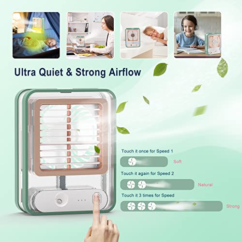 Small Desk Fan with Mist Spray,LED Night Light,Electric Battery Operated Water Misting Fan,USB Rechargeable Portable Quiet Mini Desktop Table Cooling Fan for Office,Camping,Indoor,Outdoor (Green)