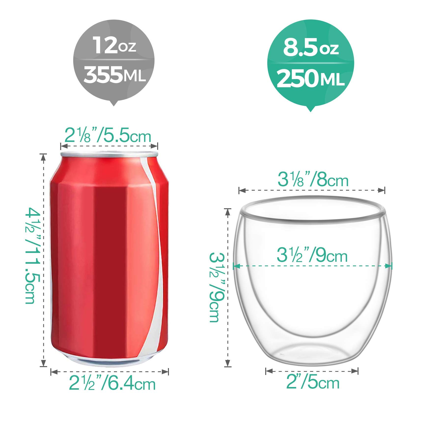 ComSaf Double Wall Glass Coffee Mugs 8.5 OZ 12 OZ, Insulated Thermal Cups for Office Home, Drinking Glasses For Tea/Coffee/Latte/Cappucino/Cafe/Milk, Clear