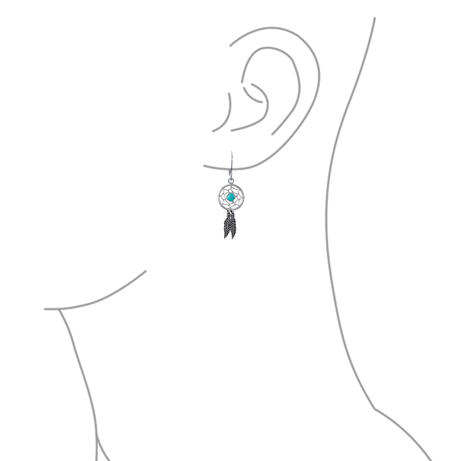 Blue Turquoise Western Jewelry Native American Indian Dream Catcher Feather Dangle Earrings For Women Teen .925 Sterling Silver