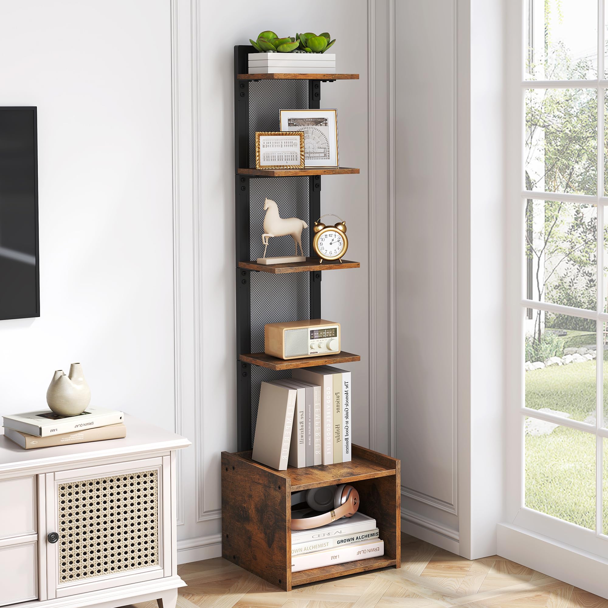 Gewudraw Bookshelf, Spine Display Shelf, Tall Thin Bookcase with 6 Storage Shelves, Narrow Storage Rack Shelving Unit with Drawer, Steel Frame, Rustic Brown and Black