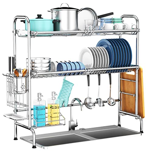 KETAZERO Over The Sink Dish Drying Rack, 2 Tier Stainless Steel Dish Drainer Rack with Cutting Board Holder Help You Save More Counter Space
