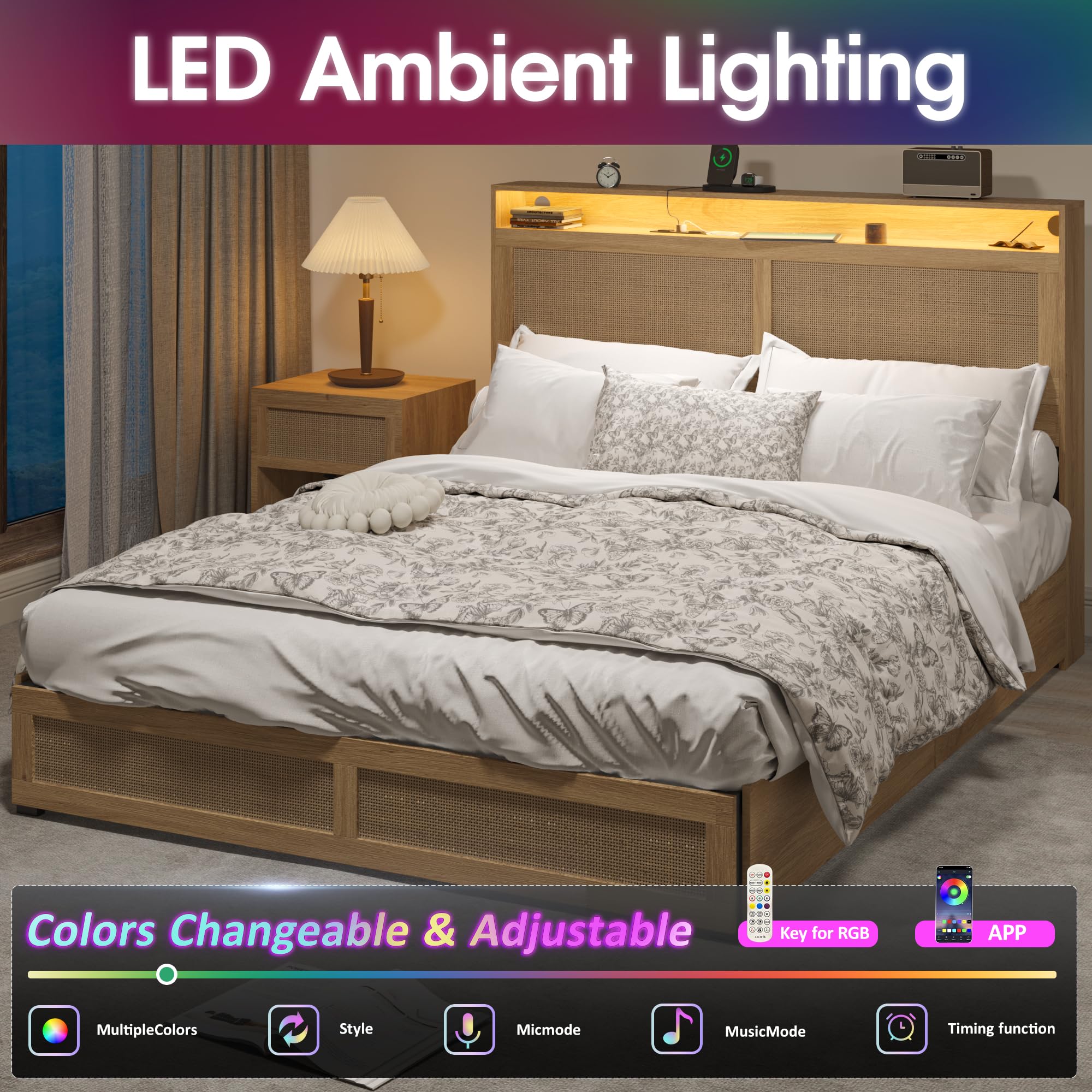 Fameill Queen Size Bed Frame with LED Light and 4 Drawers, Rattan Hidden Storage Headboard, Charging Station, Metal Platform Boho Bed Frame No Box Spring Needed