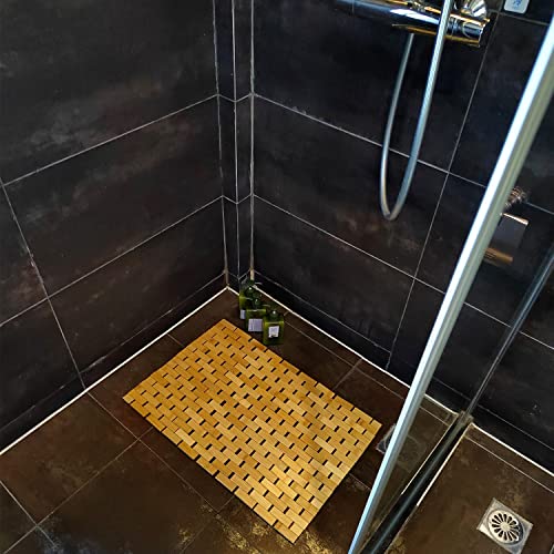 HJJKKH Bamboo Bath Mat with 15.7X23.6 inch,Nature Bamboo Bathroom Mat,Roll-Up and Foldable Bamboo Shower Mat,Non Slip Shower Tub Mat for Bathtub, Shower,Sauna,Hot Tub