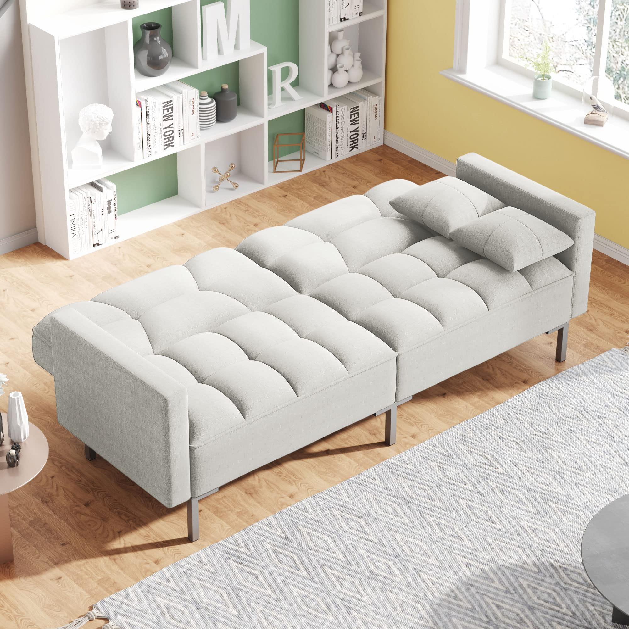Majnesvon Linen Convertible Futon Sofa Bed, 2-in-1 Sleeper with 2 Pillows, 3 Adjustable Angles for Backrest, Living Room Couch 5 Sturdy Metal Legs, Upholstered Loveseat Home, (White)