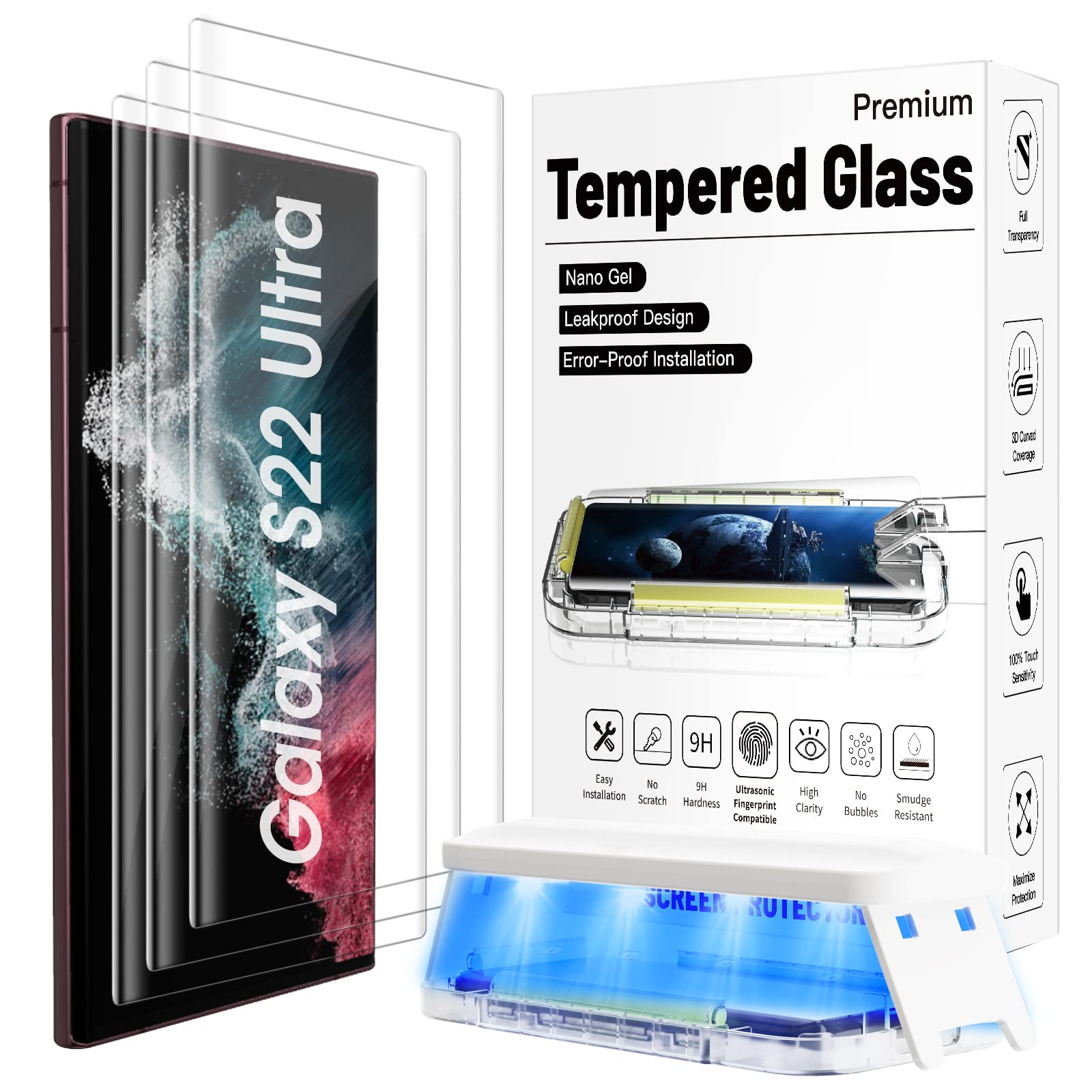 Ni-SHEN 3 PackăAuto Alignmentă 3D Curved for S22 Ultra Screen Protector Samsung Galaxy 5g,Samsung Galaxy S22 Ultra Tempered GlassďźFully Compatible with UltraSonic Fingerprint Scanner and S Pen