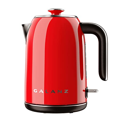 Galanz GLCMKZ09RDR09 Retro Countertop Microwave Oven with Auto Cook & Reheat, Defrost, 0.9 cu ft, Red & Retro Electric Kettle with Heat Resistant Handle and Cordless Pour, 1.7 L, Red