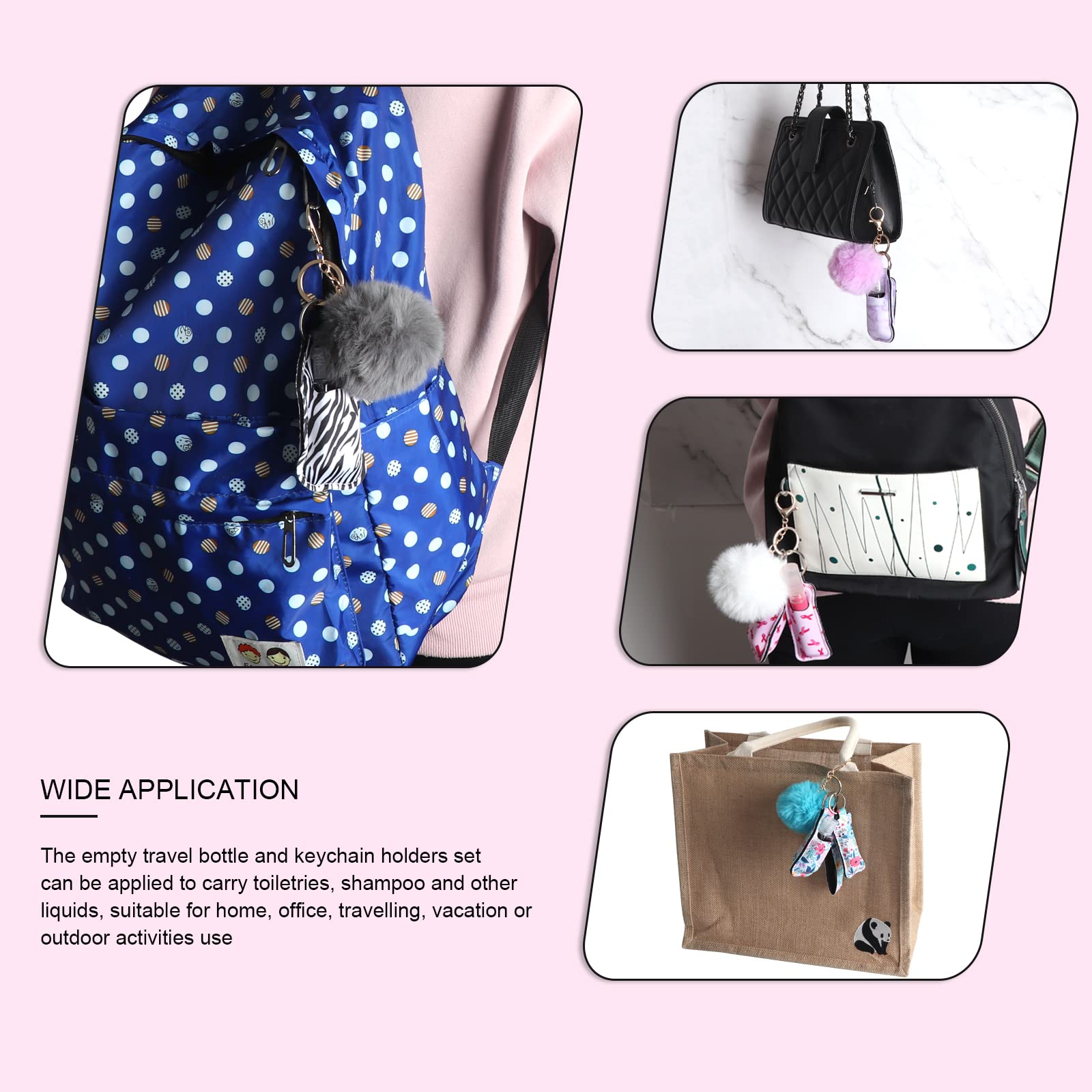 Manste 60Pcs Chapstick Holder Keychain Bulk,Travel Bottles with Keychain、Lipstick Holder Keychain、Fluffy Ball Keychain、Keychain Wristlet Lanyards、Colorful Pom Poms Keychains、Pompoms Keyring