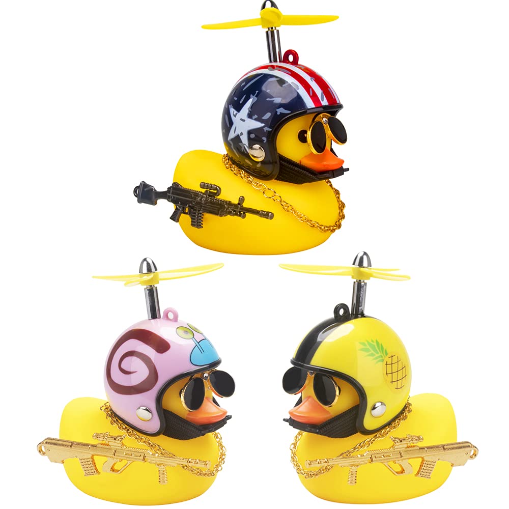 wonuu 3 Pack Car Rubber Duck Cute Yellow Wind-Breaking Ducks Dashboard Decorations Small Ornaments with Propellers Glasses Gold Chain (Yellow-Snail&Pineapple&Stars and Stripes)