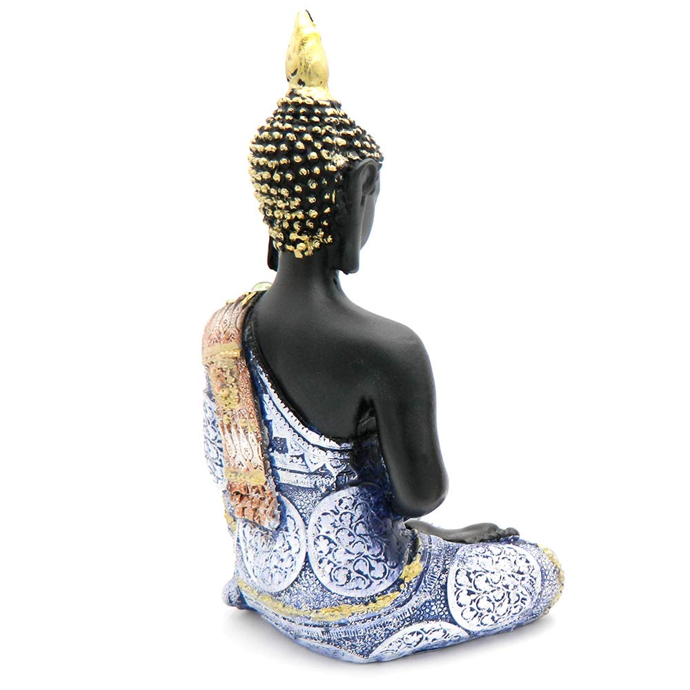 Rockin Buddha Statue Black Body Dress Blue Antiques 8 inches Tall Pattern Decoration Mantra Buddha Home Decoration Office Meditation Room Temple Statues for Home Decor