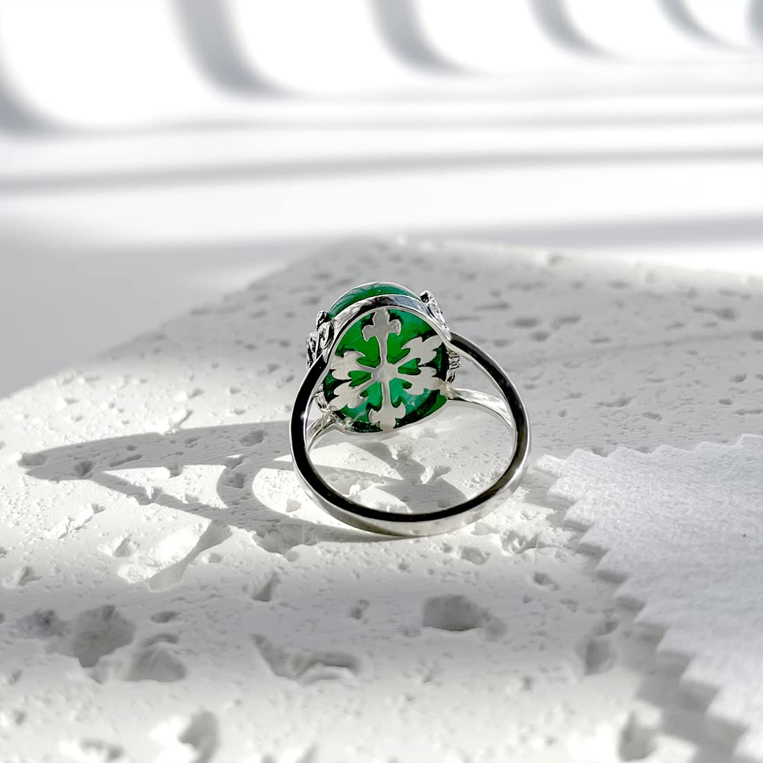 DALEGEM Natural Onyx Agate Stone Ring,S925 Sterling Silver Edged with Flower Vine Genuine Gemstone Turkey Ring Jewelry for Women (Stone_B, 8)