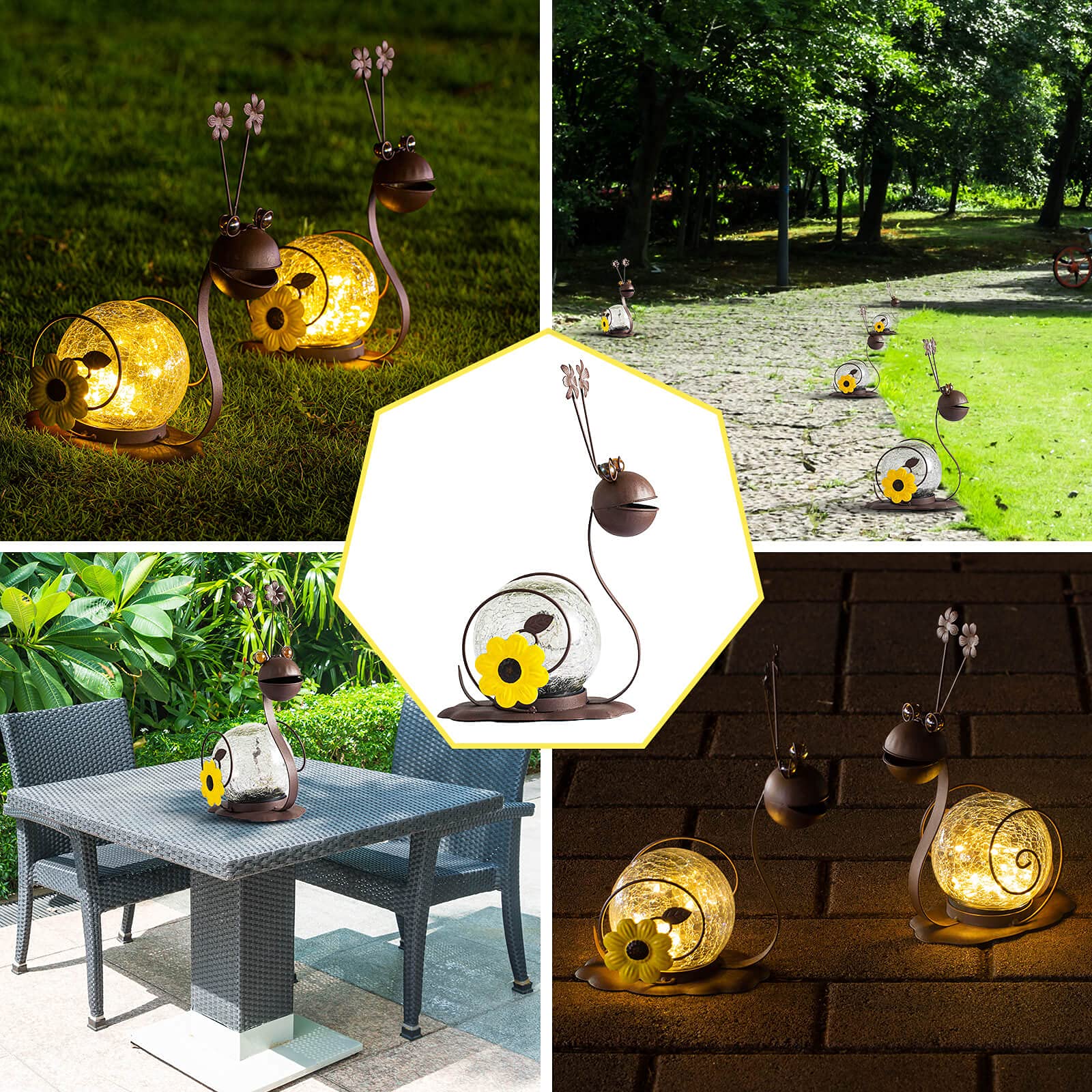 Darkdec Solar Globe Lights Outdoor Snail Garden Decor - 2 Pack Cracked Glass Solar Ball Lights Warm White Metal Snail Garden Lights Solar Powered Waterproof for Patio Yard Lawn