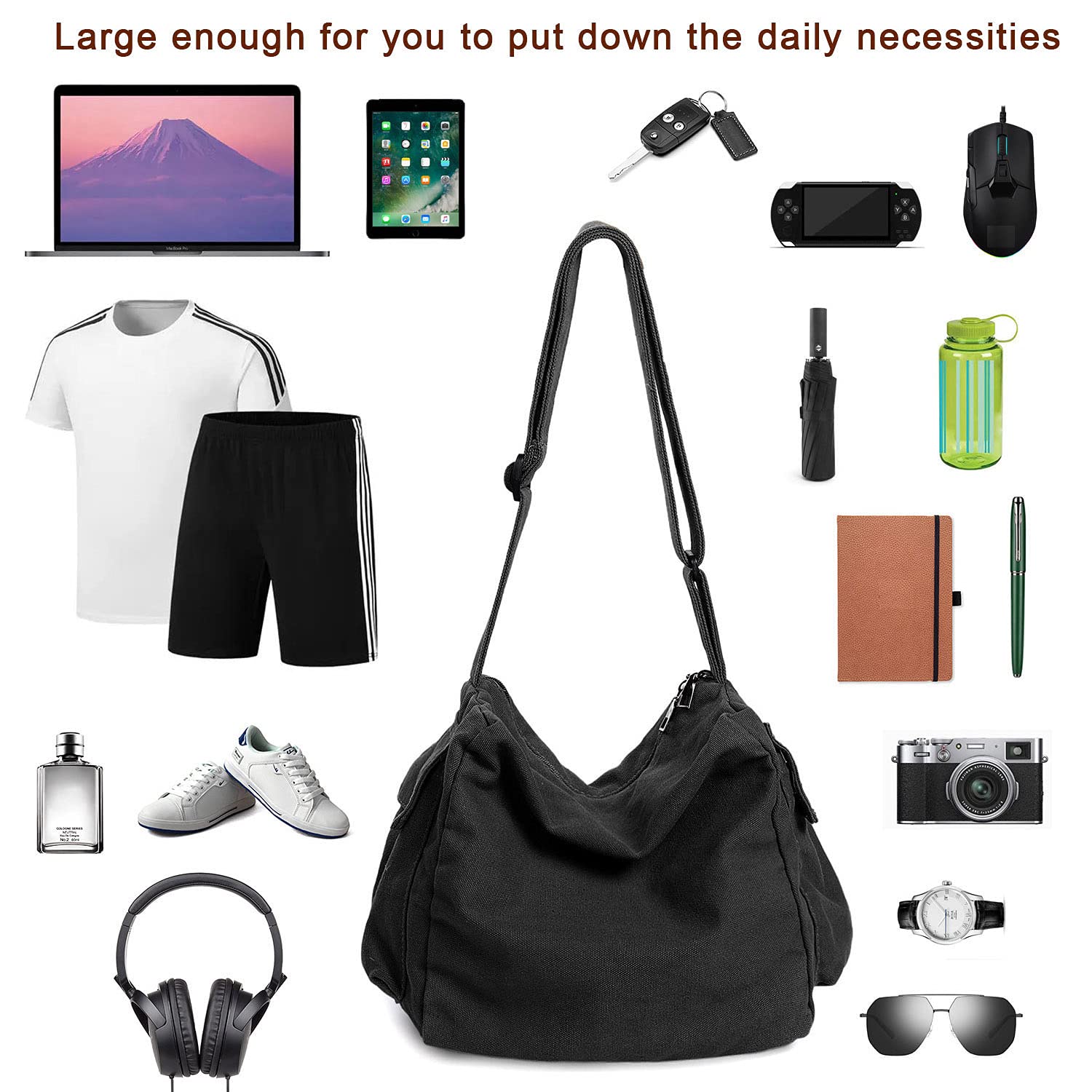 WantGor Canvas Crossbody Bag for Women Men, Large Shoulder Tote Bag Work Handbag Casual Hobo Bags (Black)
