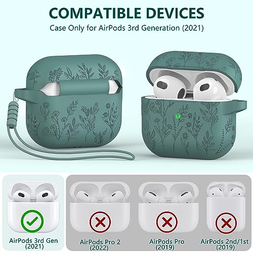 Flower Engraved Case for Apple AirPods 3 Case 2021, Soft Silicone Protective Case for AirPods 3rd Generation Case for Women Airpod Case with Clean Kit,Carabiner,Lanyard,Front LED Visible,Pine Green