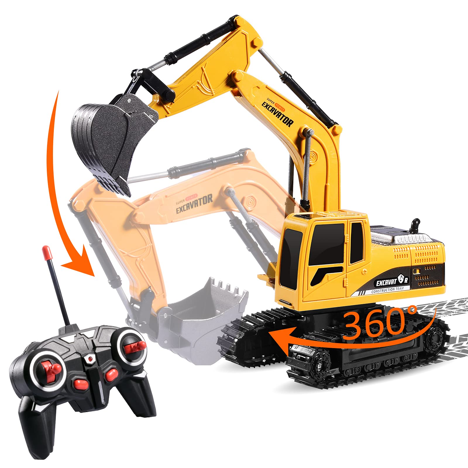 Vanzer RC Excavator Toy, Remote Control Hydraulic Toy Car for 6,7, 8, 9-14 Year Old Boys Girls, Construction Tractor Vehicle, Rechargable Engineering Digger Truck, Best Birthday Gifts for Kids