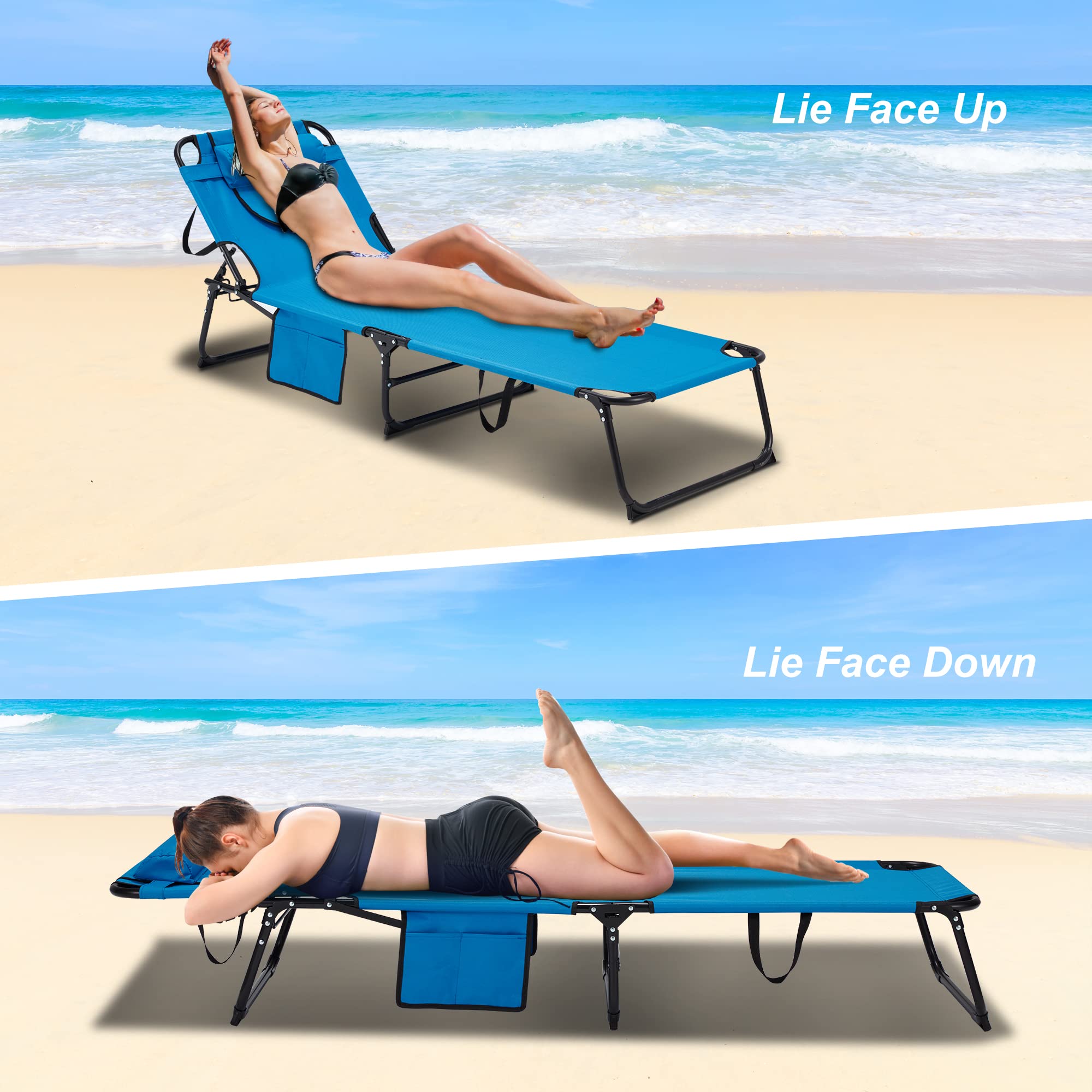 Candockway Outdoors Lounge Chair,300lbs Folding Patio Lounge Chair with Face Hole, Adjustable Backrest, Non-Slip Foot & Portable Handle, Chaise Lounge for Patio, Yard