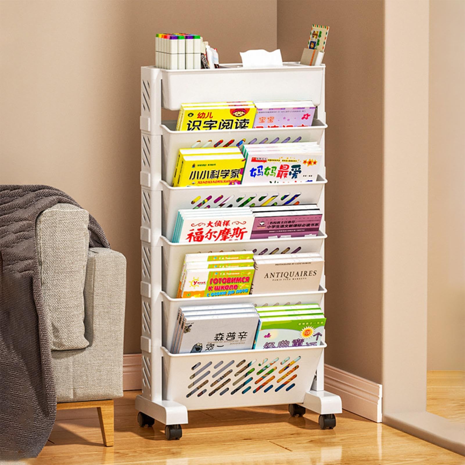 Bookshelf with Wheels, 6 Tier Movable Bookcase Organizer, Rolling Bookcase Organizer, Space Saving Mobile Bookshelf, Multiple Storage Wheeled Shelf, Mobile Book Storage Unit for School Classroom Home