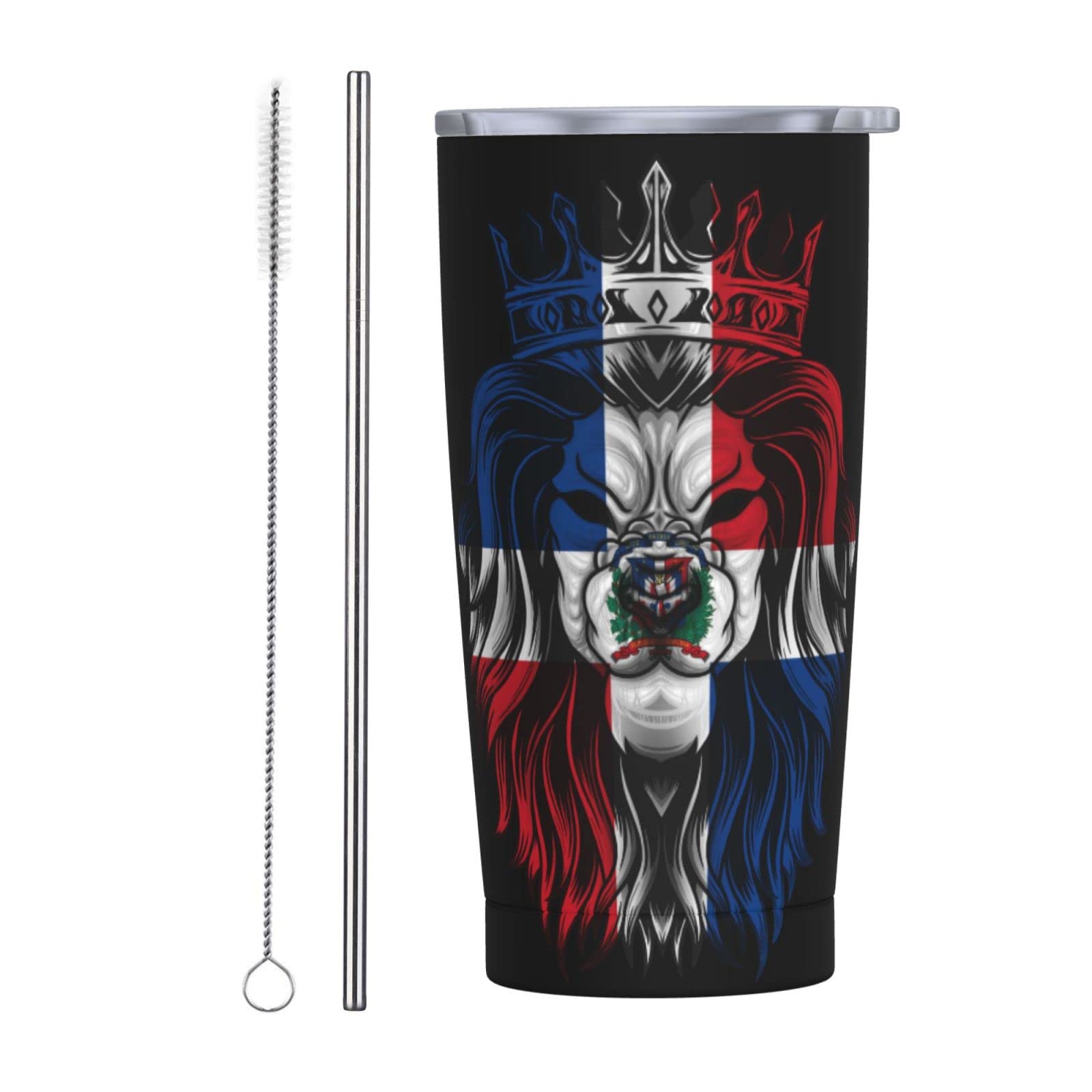 Crown Lion And Flag Of Dominican Republic Coffee Cup,With Lid Spill Proof And Straw Thermos Cup Stainless Steel Water Bottle Reusable Auto Mug Travel Mug-20oz