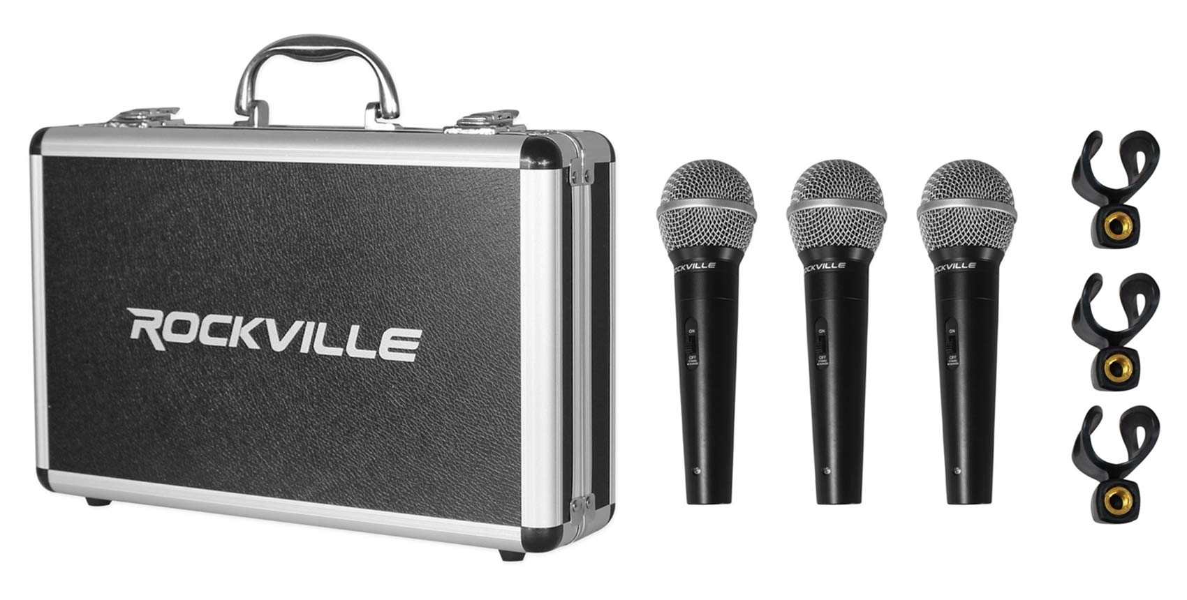 Rockville RMC-3PK 3 Pack Metal Wired Vocal/Instrument/DJ Microphones+Metal Case, Black