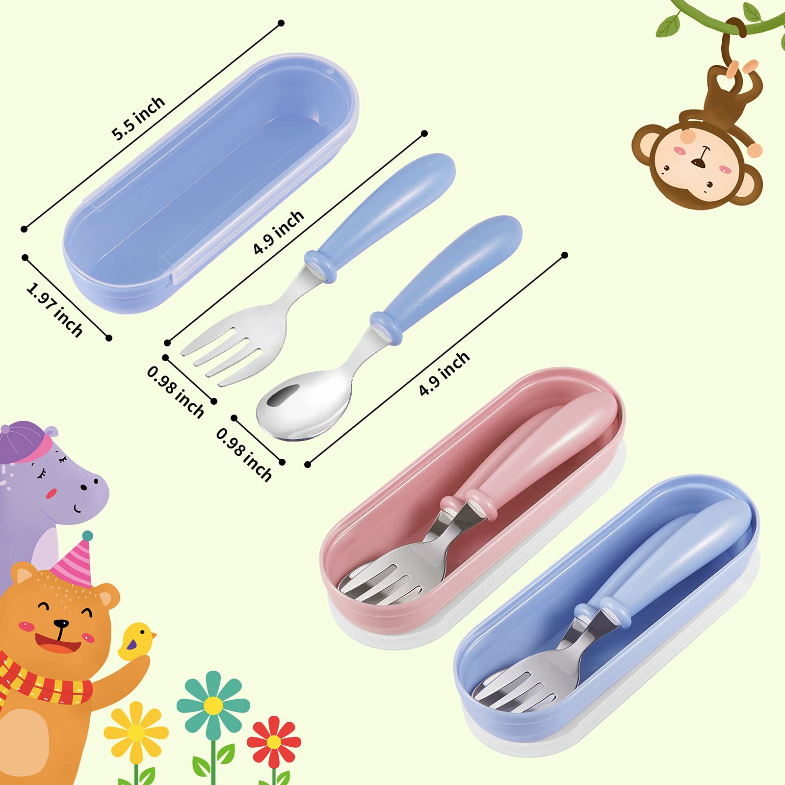 Kirecoo 4 Pieces Toddler Utensils Stainless Steel Baby Forks and Spoons Silverware Set Kids Silverware Children's Flatware Kids Cutlery Set with Travel Carrying Cases for Lunch Box (Blue&Pink)