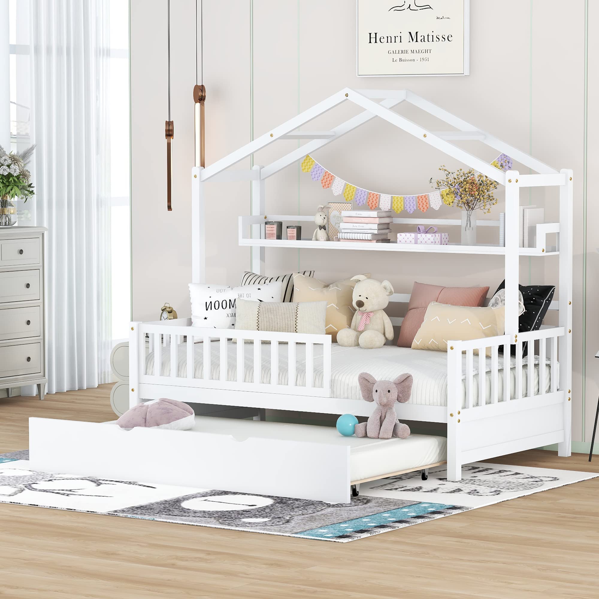 House Bed with Trundle and Storage Shelves Kids Twin Size Montessori Bed with Fence Rails Wood Playhouse Tent Bed Frame for Girls Boys, White