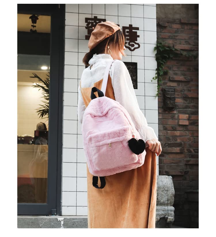 HOKMAH Cute Fuzzy Backpack for Girls, Aesthetic School Supplies Fuzzy Plush Backpack, Kawaii Furry Plush Backpack for Teens (Pink)