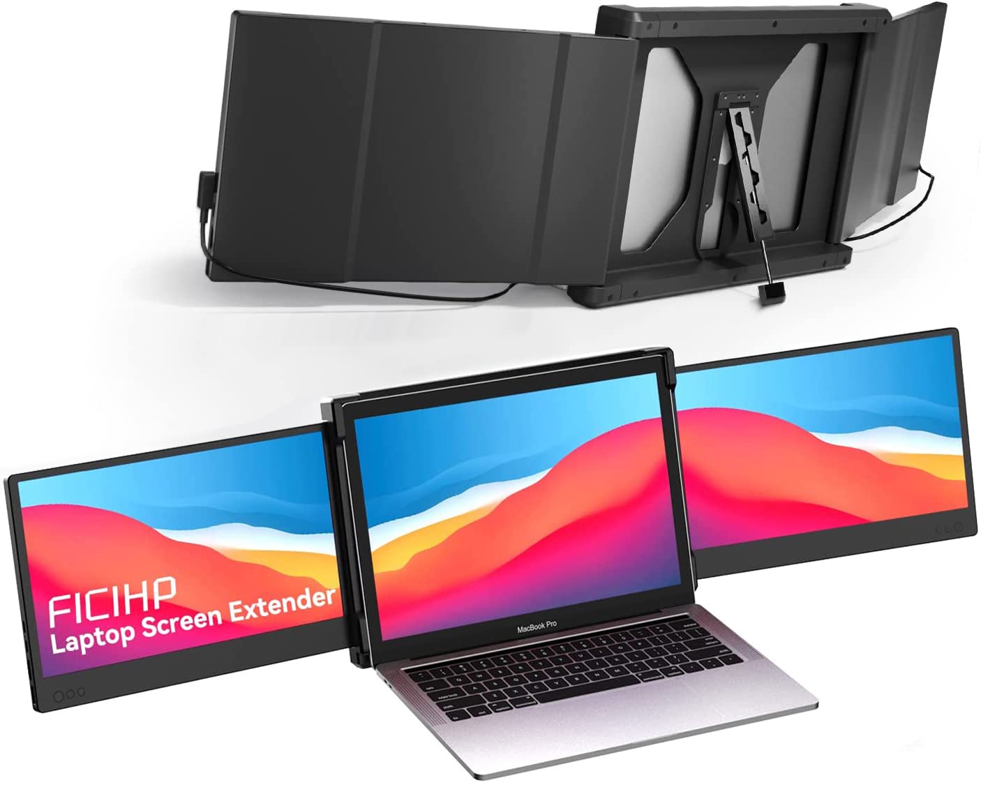 FICIHP Triple Screen Laptop Monitor, 12’’ Portable Monitor for Laptop 1080P FHD IPS with Type-C/HDMI/USB-A, Plug-Play Laptop Monitor Screen Extender for 13-16" Laptop, Supports Wins/Mac/Android/Switch
