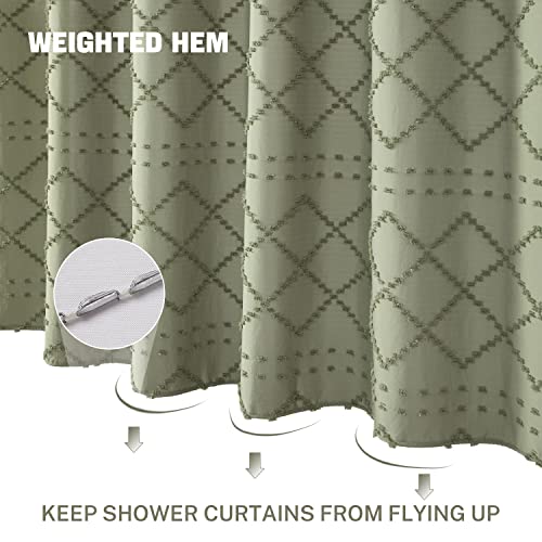 Siiluminisoy Sage Green Boho Shower Curtain Woven Fabric Cute Shower Curtain, 72 x 72 Tufted Chevron Textured Striped Modern Farmhouse Minimalist Cloth Shower Curtain Set with Hooks for Bathroom