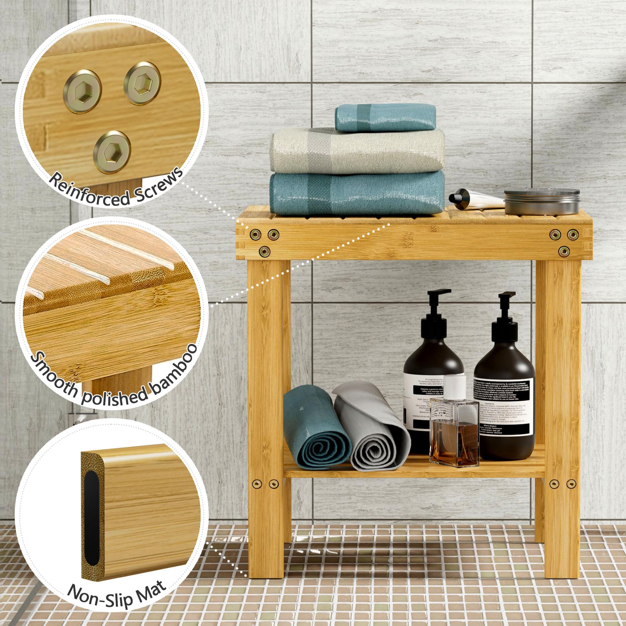 Glavbiku Bamboo Shower Bench, Shower Chair with Non-Slip Feets Storage Shelf Safe and Stable, Kids Adults Wooden Stool for Home, Bathroom, Bedside, Living Room