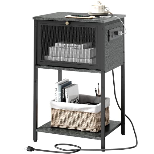 NONGSHIM Nightstand with Charging Station and USB Ports, Night Stand with Flip Drawer and Open Storage Shelf,Bedside Table for Small Spaces,Side End Table for Bedroom,Living Room-Grey