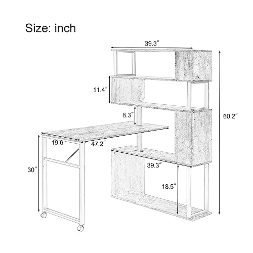Merax, Brown L Shaped Corner Desk with Shelves and Storage, Rotating, 5-Tier Bookcase, Multi-Functional Office Workstation