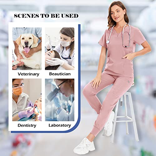 niaahinn Scrub Suit Set for Women Modern V-neck + Leg Drawstring Jogger Pants Medical Nursing Uniforms Set (Pink,S)