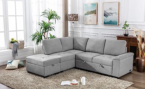 Merax, L-Shape Corner Couch Sofa-Bed with Storage Ottoman & Hidden Arm Storage & USB Charge for Living Room Apartment, Light Gray