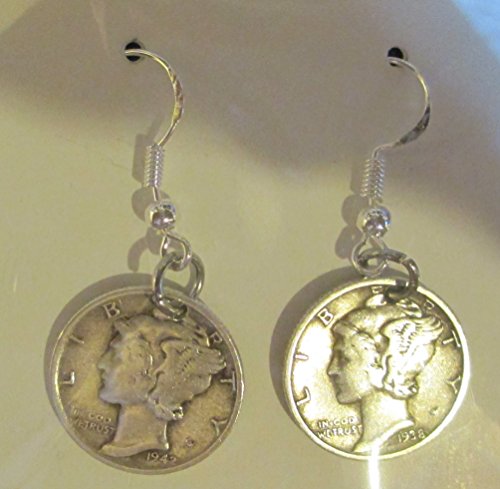 Mercury Dime (900 Silver) Earings with 925 Sterling Silver Earrings Hook Coil Ear Wires & Gift Bag
