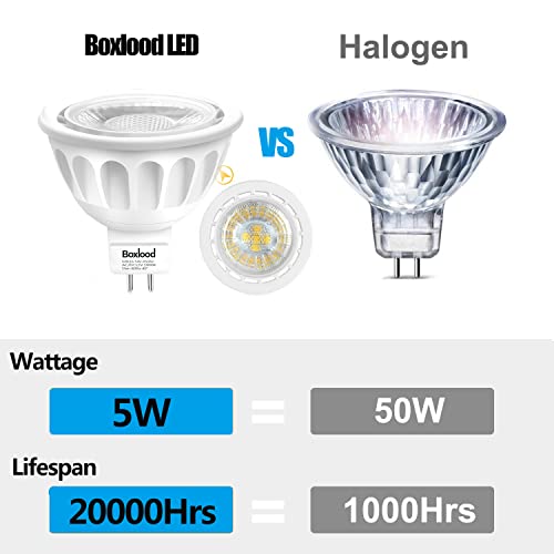 Boxlood Dimmable MR16 LED Bulbs,5-Watt(50-Watt Equivalent), 3000-Kelvin Warm White, DC12 Volt,10%-100% Dimming, Gu5.3 Bi-Pin Base, 40 Degree Beam Angle, Indoor/Outdoor Landscape Light Bulbs 10PACK