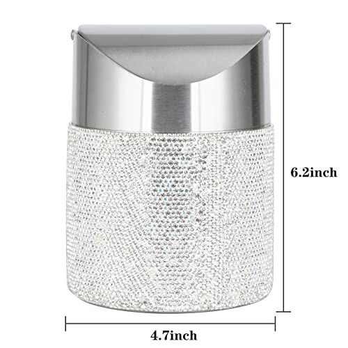 KEYPOWER Bling Rhinestone Mini Trash Can Tiny Waste Can with Swing Lid Stainless Steel,Suitable for Countertop,Car,Table Desk(White)