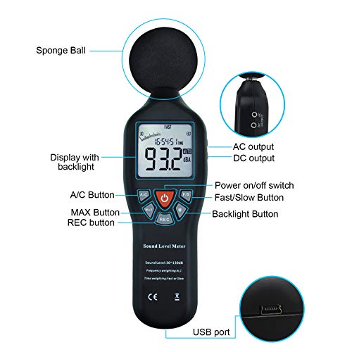 Decibel Meter, Sound Level Meter CD Software Audio Decibel Noise Measure Tester 30 β 130 dB Audio Noise Measuring Range with Backlit LCD Display, Data Record Function