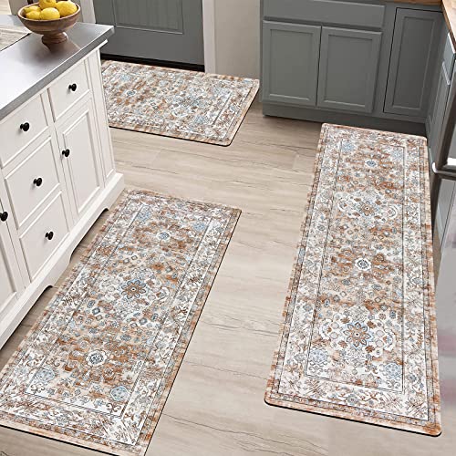 Pauwer Boho Kitchen Rugs Sets of 3 Non Slip Rubber Kitchen Mats for Floor Waterproof Kitchen Rugs and Mats Washable Farmhouse Kitchen Area Rug Floor Carpet Runner Rugs for Hallway Laundry Room