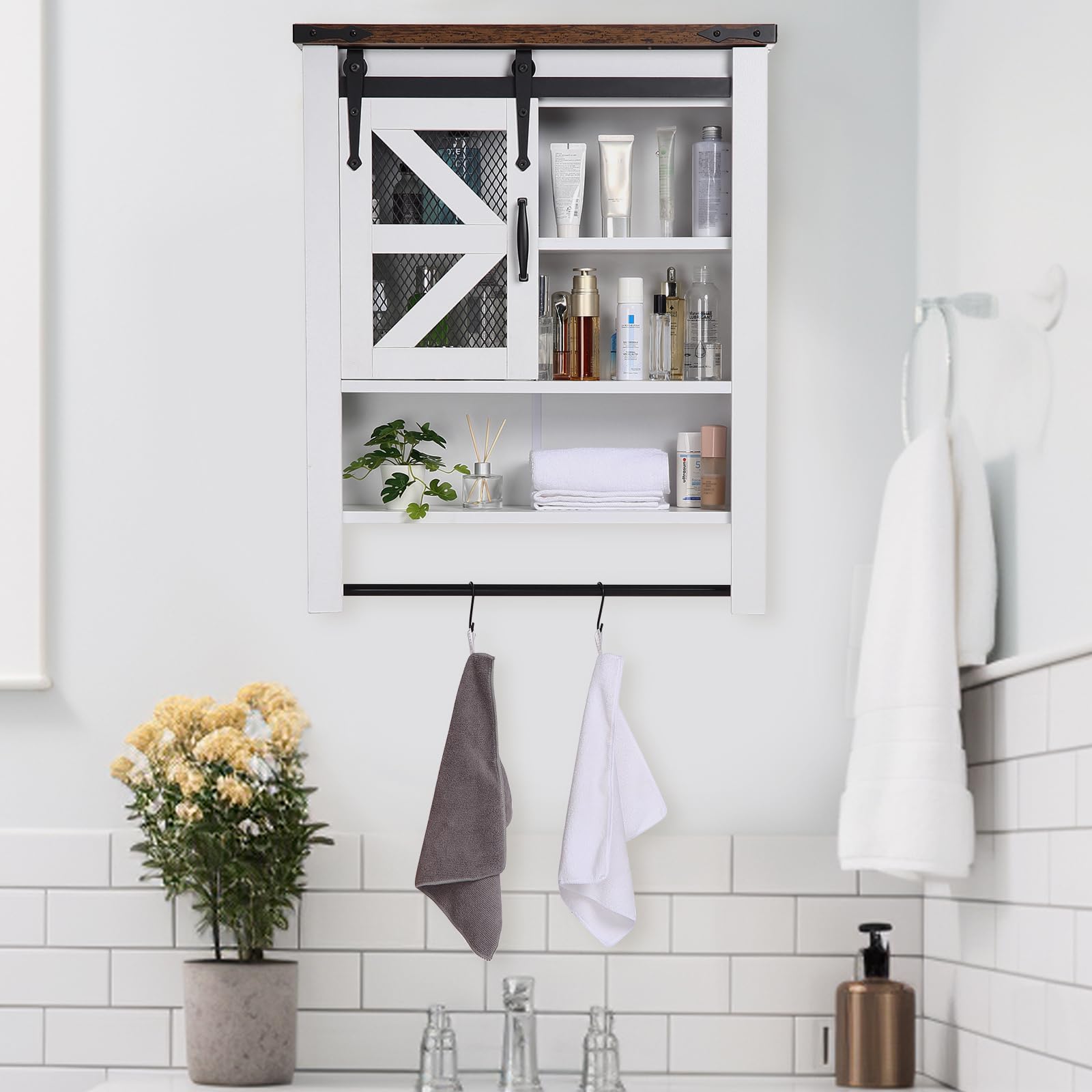 GAOMON Bathroom Organizer Cabinet, Over The Toilet Bathroom Cabinet with Towels Bar & Hooks, 3-Tier Over Toilet Cabinet with Sliding Barn Door for Bathroom Laundry Kitchen, Wall Mounted