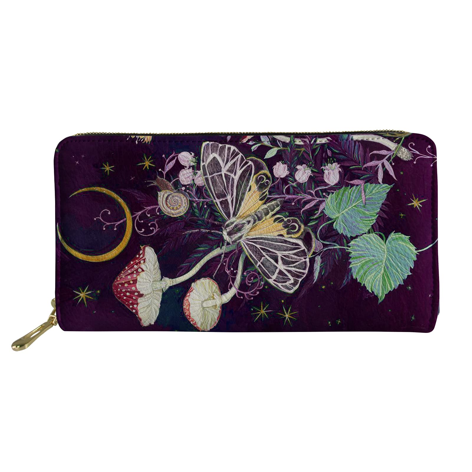 WELLFLYHOM Butterfly Mushroom Clutch Wallet for Women Girls Large Credit Card Holder Coin Pocket Case Organizer Pu Leather Purse with Zipper Small Girly Floral