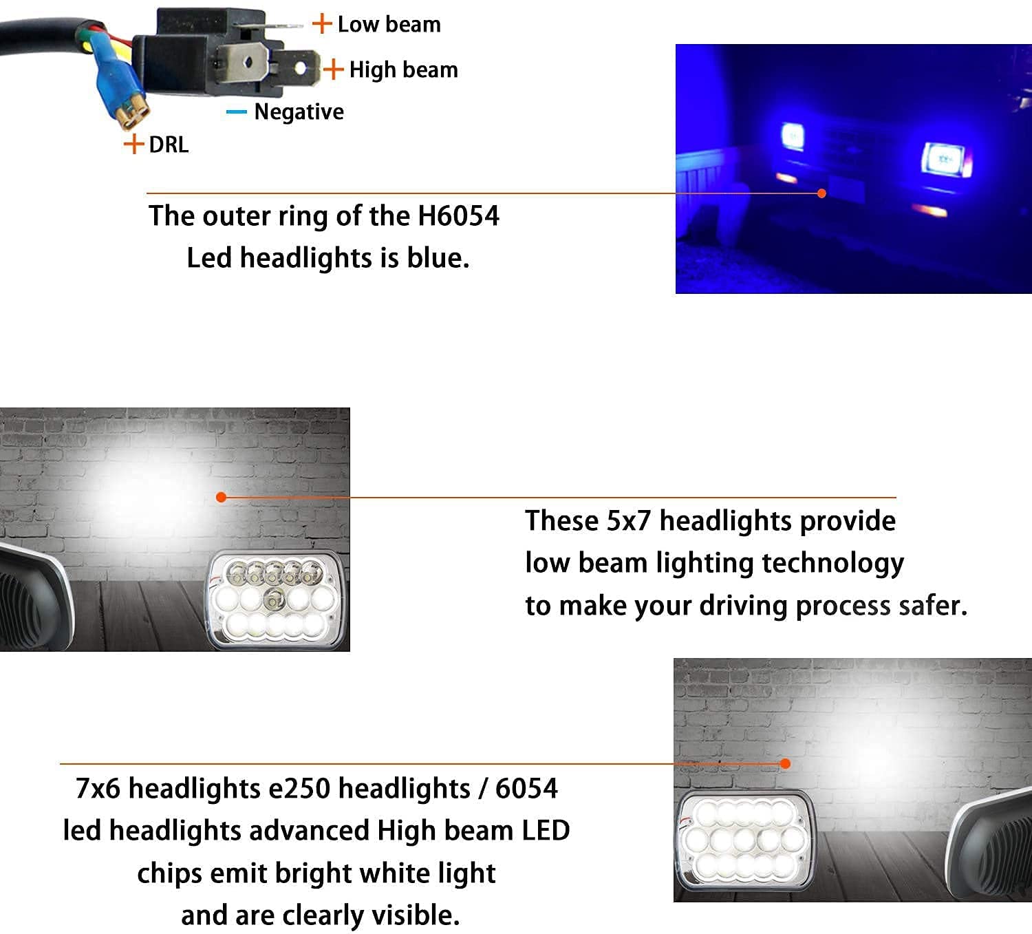 ROLINGER 2PCS H6054 Led Headlights 7x6 5x7 Auto Head Lamp Replacement 2PCS Hi/Low Sealed Beam with Blue DRL Lights Compatible with Jeep Wrangler YJ XJ Cherokee E250 Chevy Van Truck Toyota Mr2