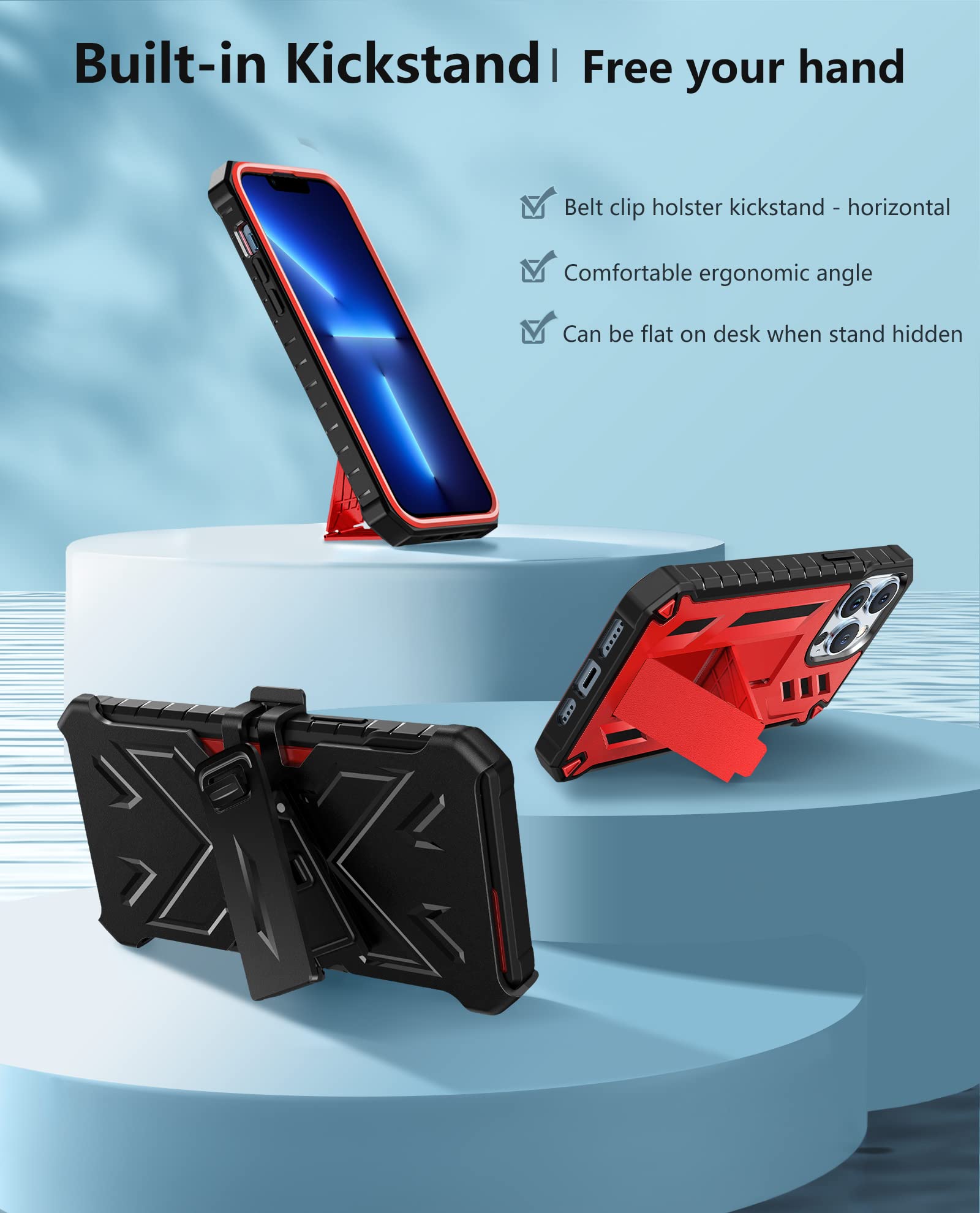 WTYOO for iPhone 13 Pro Max Case: with Built-in Kickstand & Screen Protector | Full-Body Dual Layer Rugged Belt Clip Holster, Durable Heavy Duty Military Shockproof Protective Phone Cover-Black