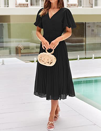 MEROKEETY Womens 2023 Summer Puff Sleeve Wrap V Neck Pleated Flowy Midi Dress for Wedding Guest,Black,M