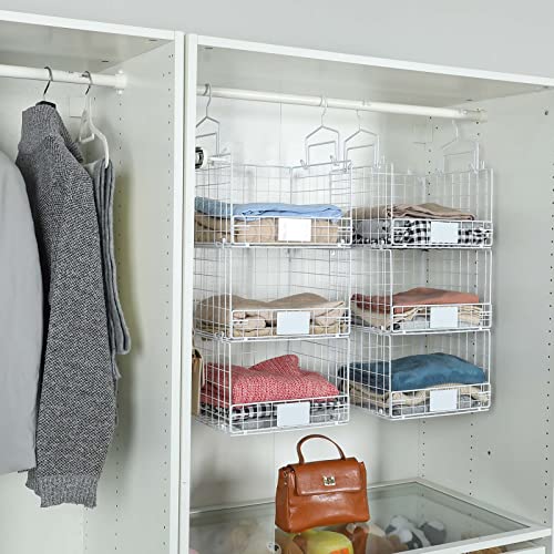 Jautokerdar 6 Tiers Hanging Closet Shelves Organizer with Name Plate S Hooks, Wall Mount&Cabinet Wire Storage Basket Bins, for Clothing Sweaters Shoes Handbags Clutches Accessories