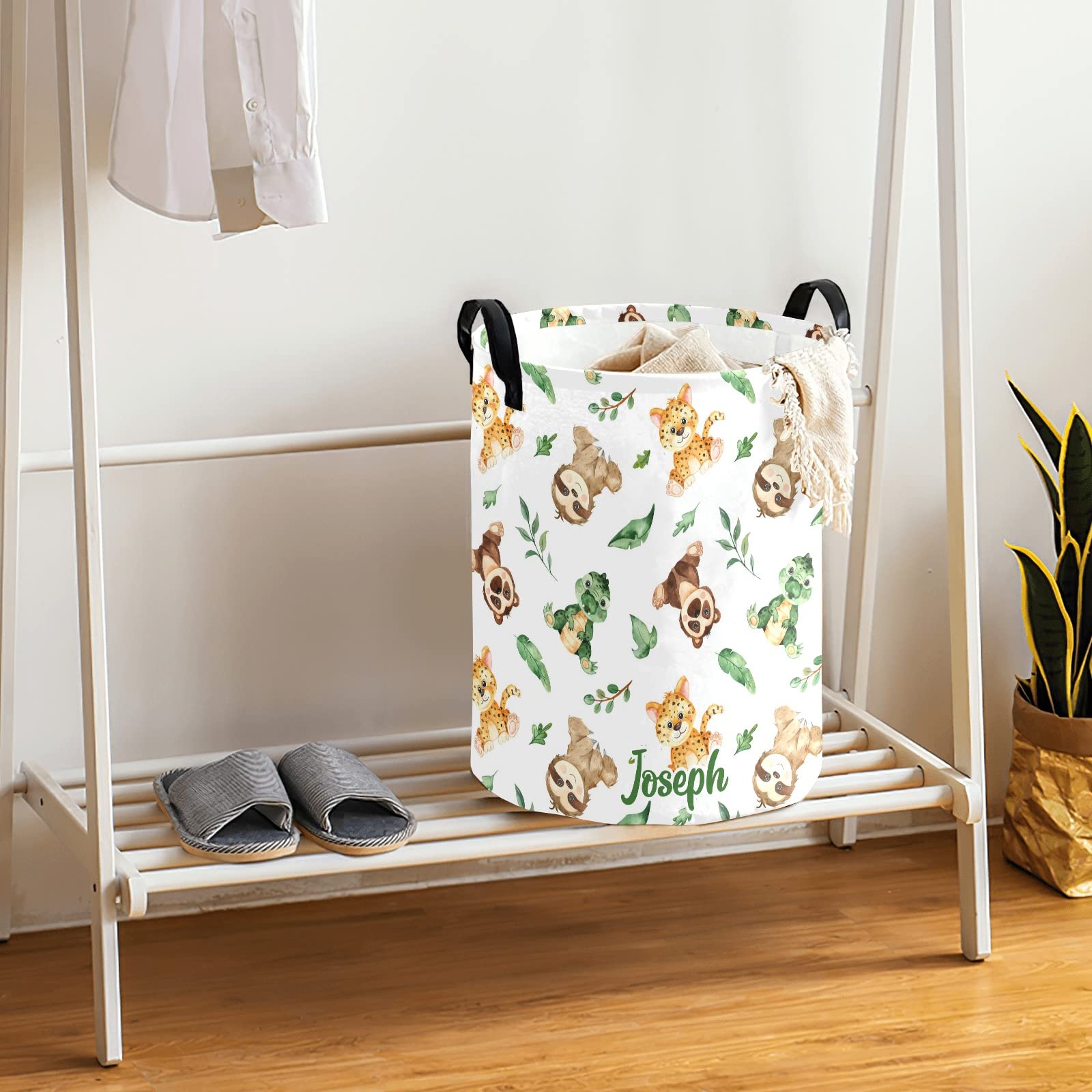 Cute Baby Animal Jaguar Sloth Bear Cayman Leaves Personalized Laundry Basket Clothes Hamper with Handles Waterproof,Collapsible Laundry Storage Baskets for Bathroom,Bedroom Decorative 19.7"Hx14.2"D